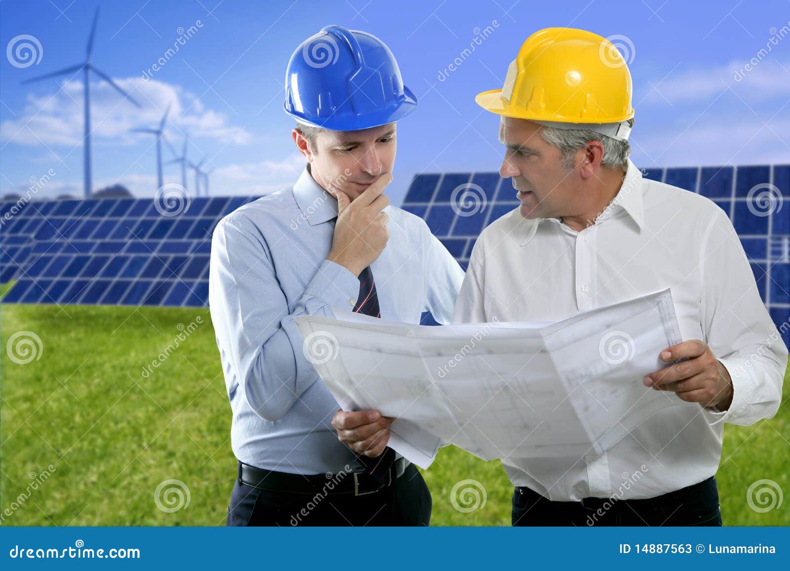 Two Engineer Architect Plan Hardhat Solar Plates Stock Image - Image of ...