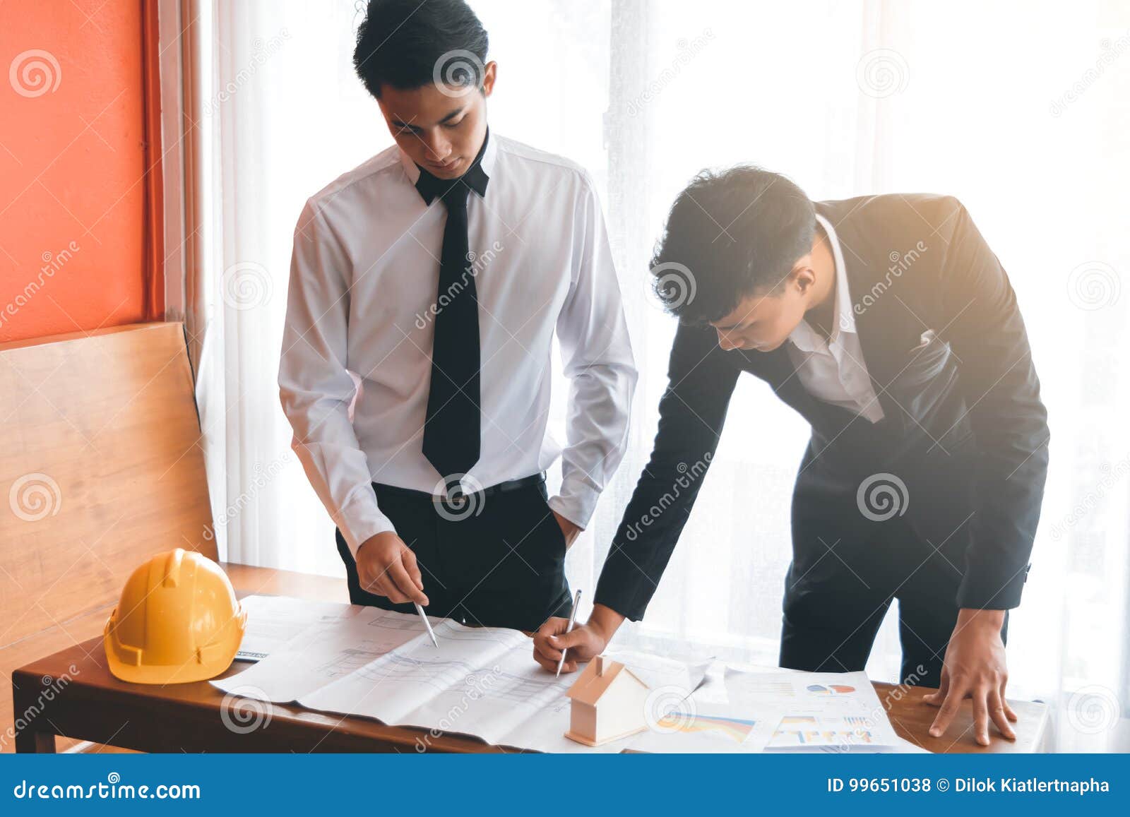 Two Engineer Working Together Stock Photo - Image of helmet, drawing ...