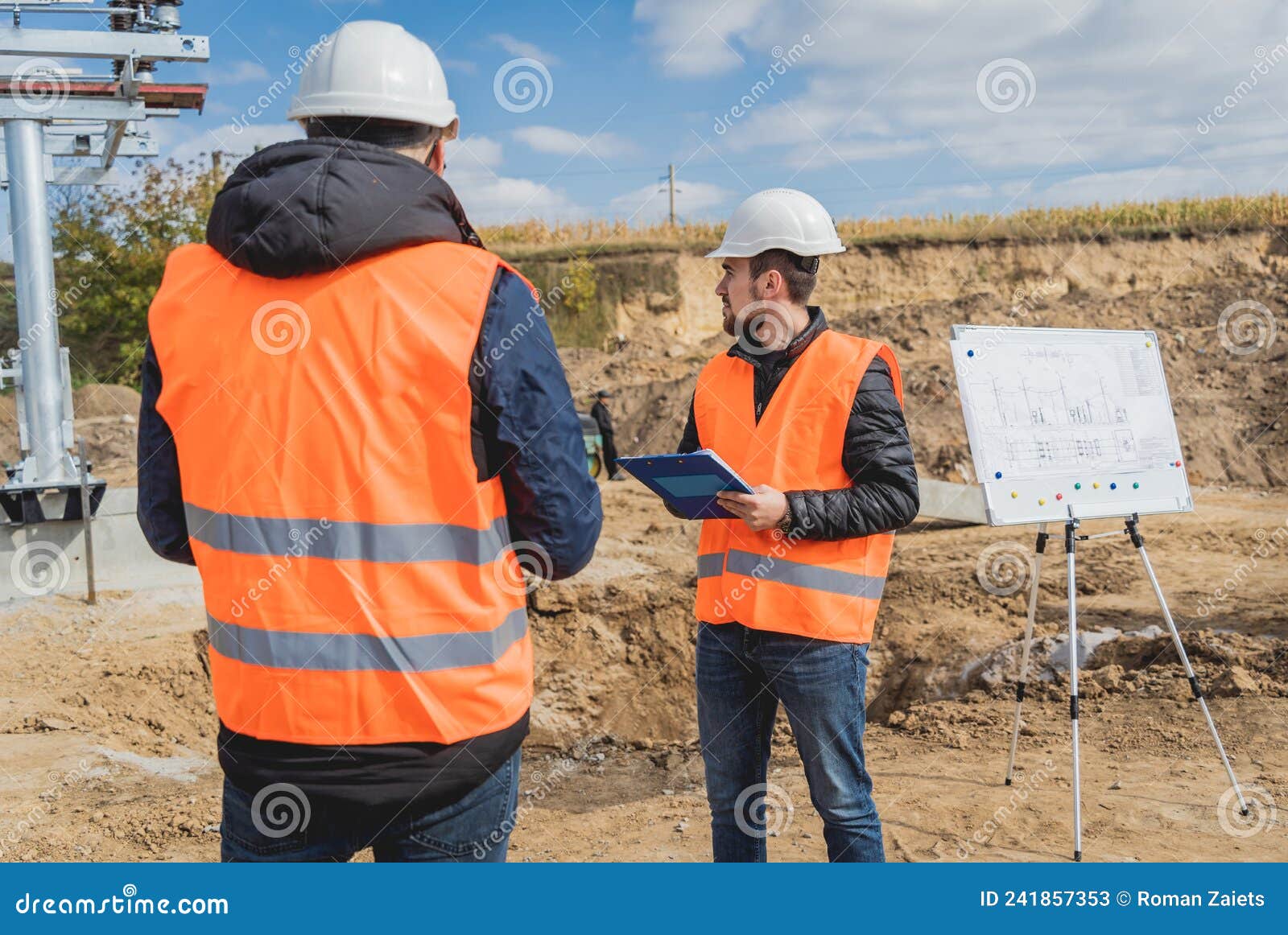 Two Engineer Electricians Check the Substation Construction Process ...