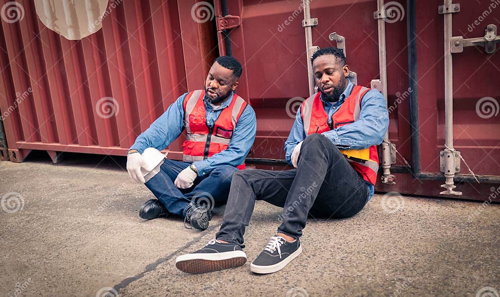 Two Engineer or Foreman Wears PPE Sitting Stress on Container ...