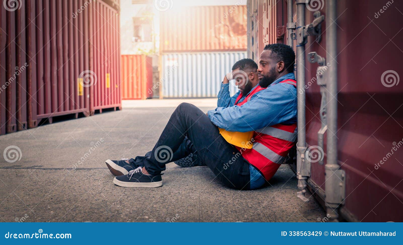 Two Engineer or Foreman Wears PPE Sitting Stress on Container ...