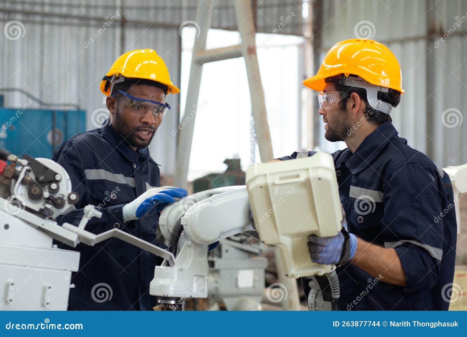 Two Engineer Man Working with Machine Robot Automatic Together at ...