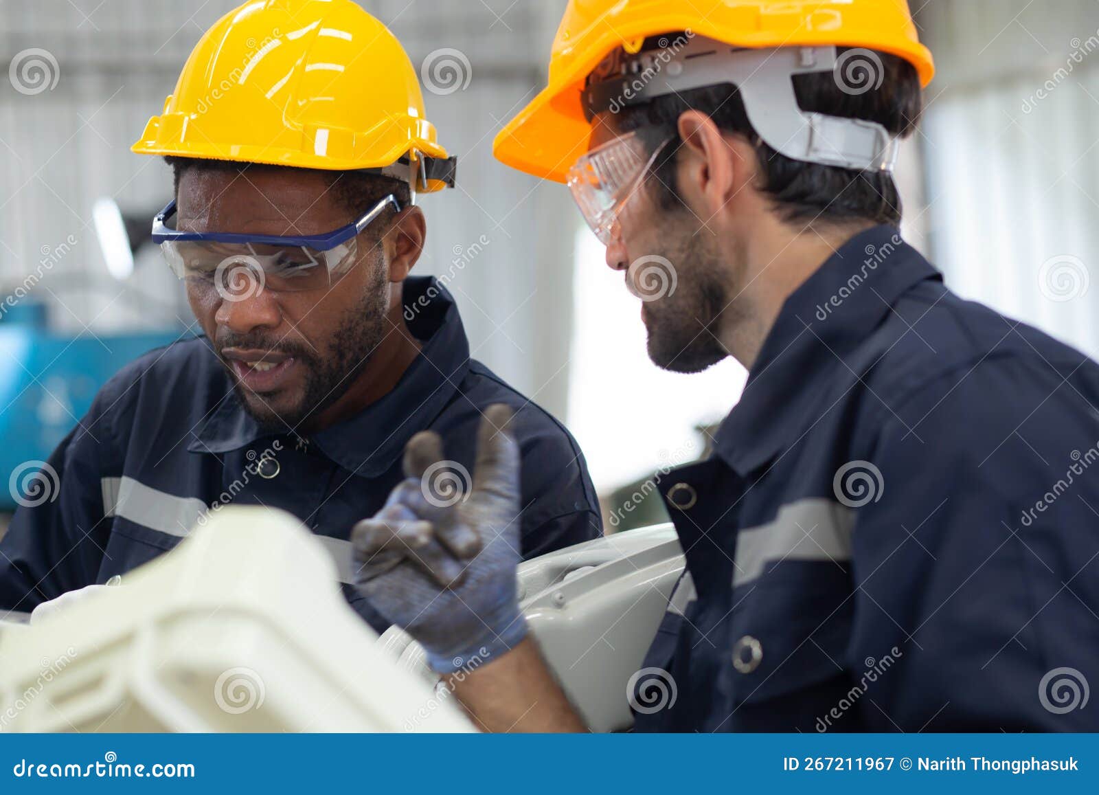 Two Engineer Man Working with Machine Robot Automatic Together at ...