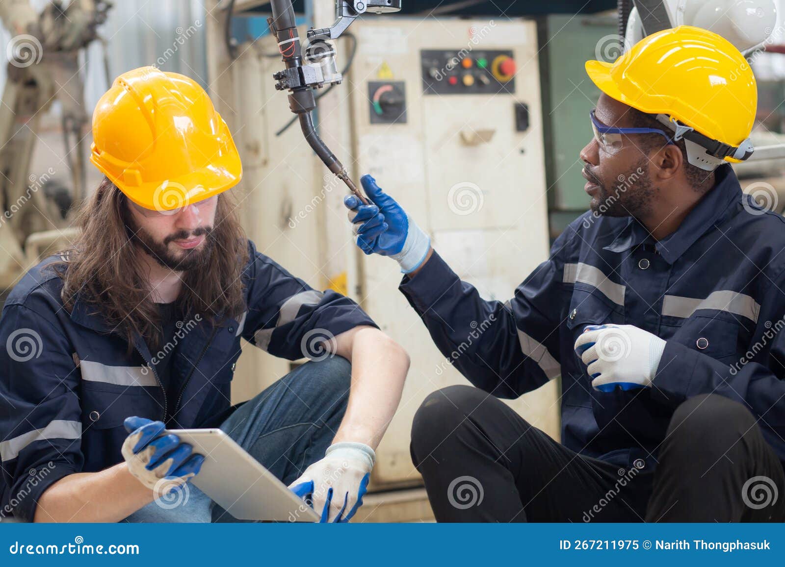 Two Engineer Man Working with Machine Robot Automatic Together at ...