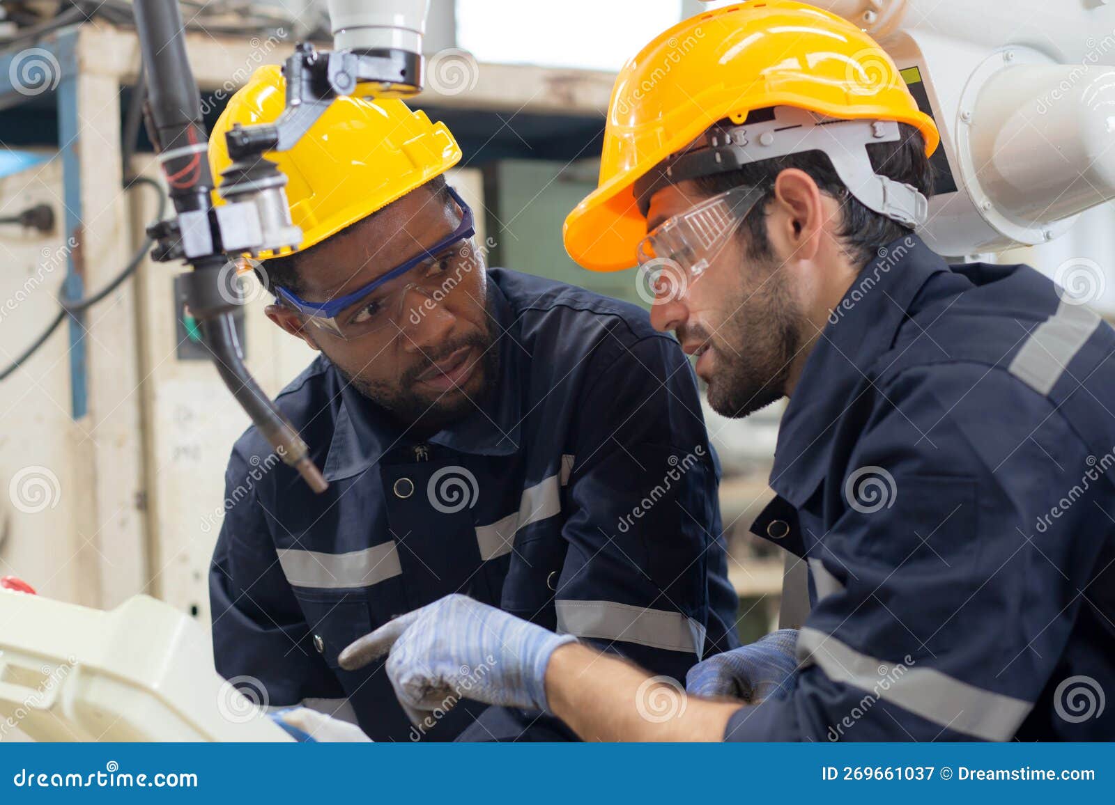 Two Engineer Man Working with Machine Robot Automatic Together at ...