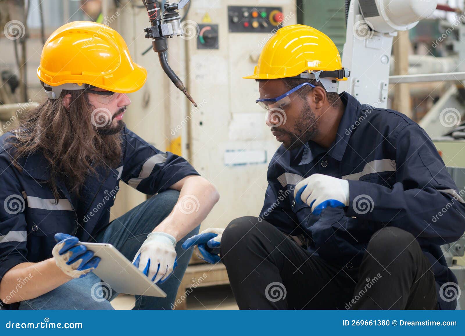 Two Engineer Man Working with Machine Robot Automatic Together at ...