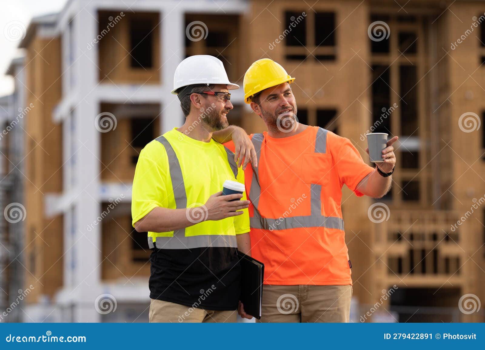 Two Engineer Men at Construction Site Wearing Hardhat Outdoor Stock ...