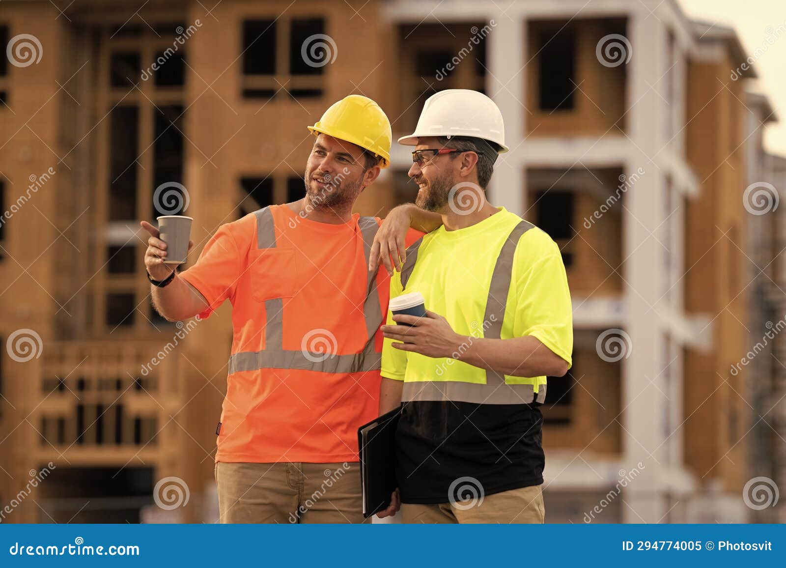 Two Engineer Men at Construction Site Wearing Hardhat Outdoor Stock ...