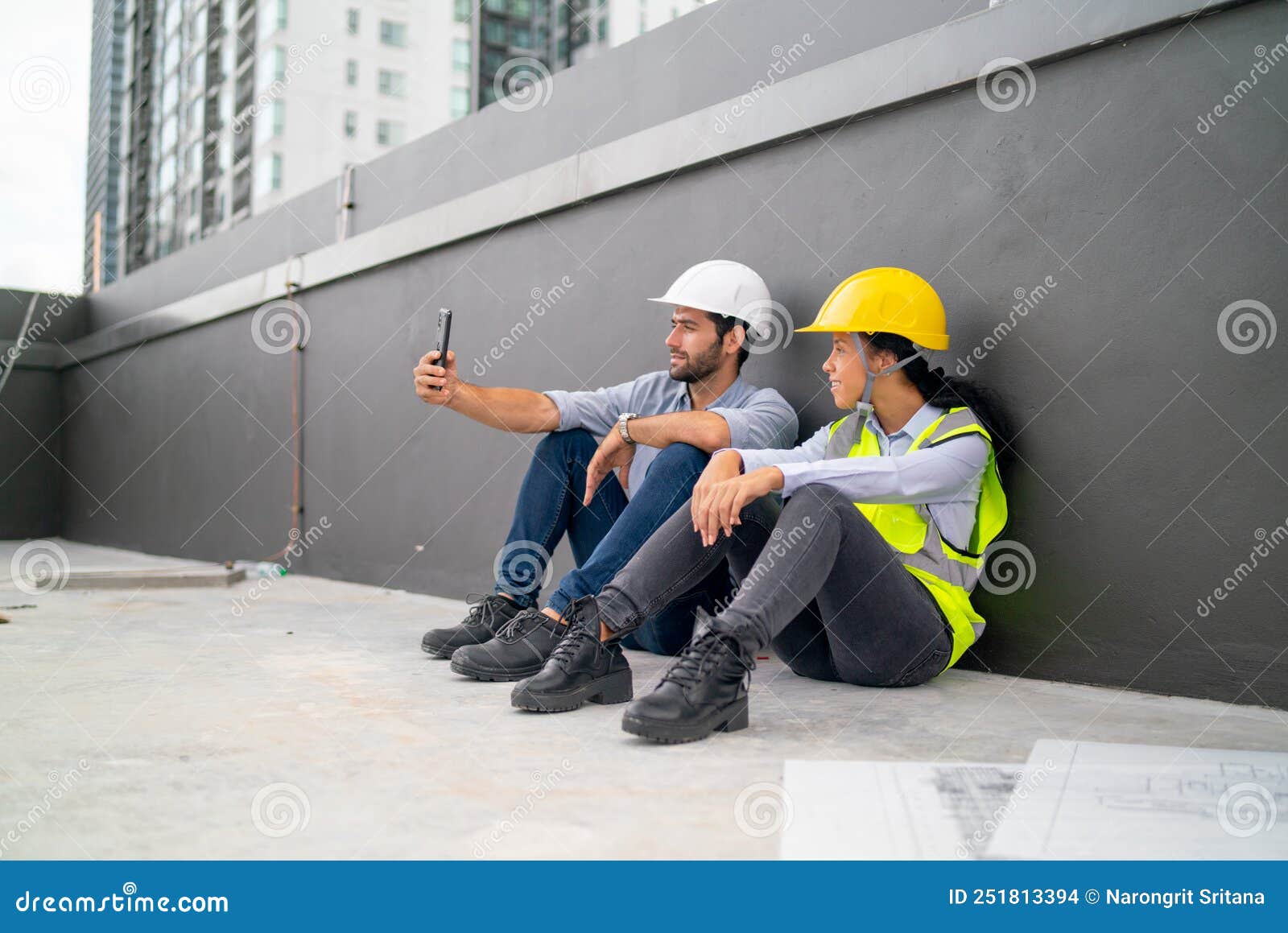 Two Engineer or Technician Workers Use Mobile Phone To Selfie after ...