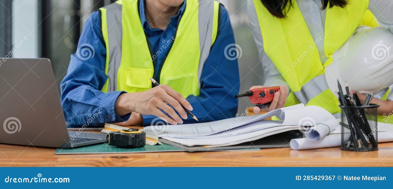 Two Engineer Working in Office with Blueprints, Inspection in Workplace ...