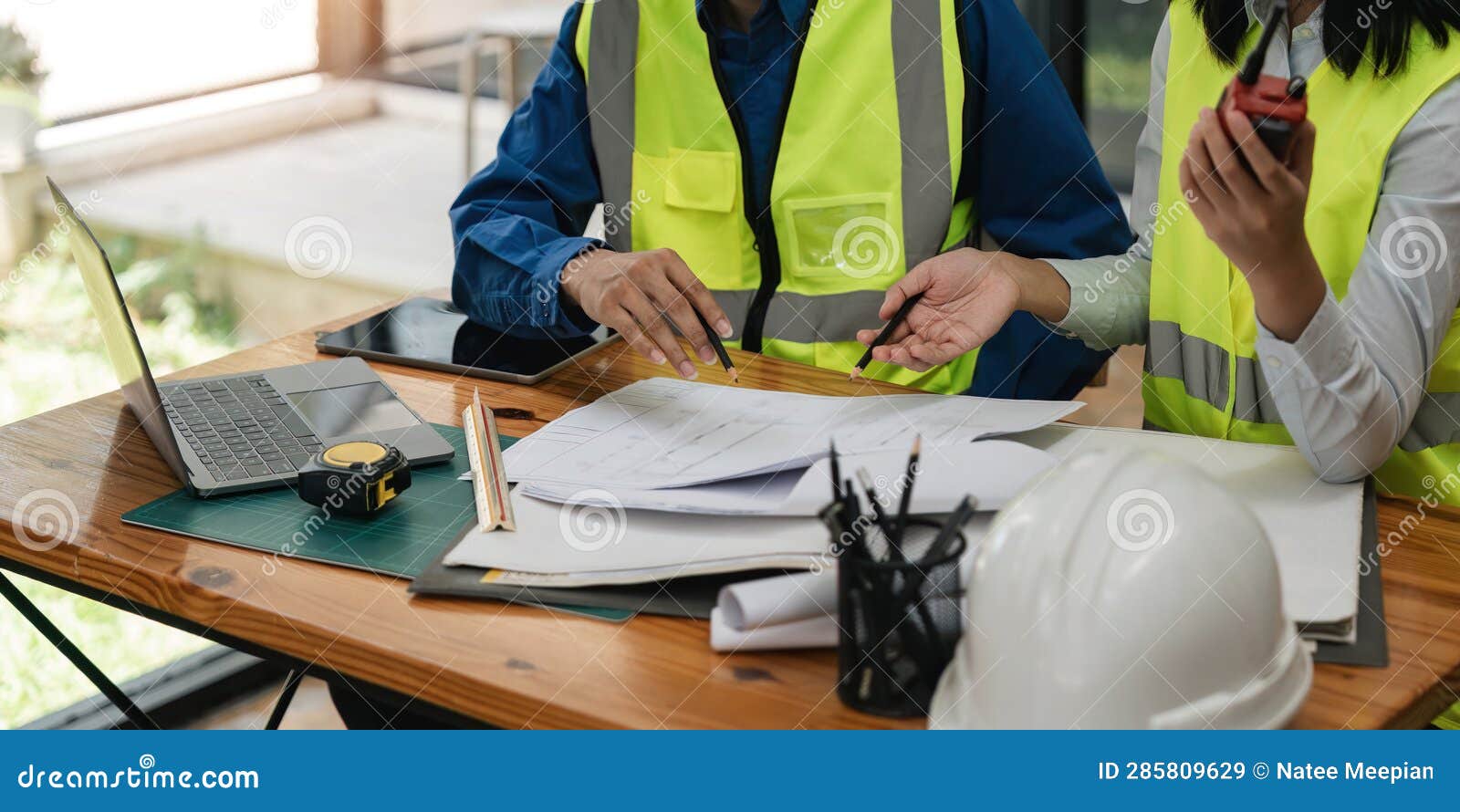 Two Engineer Working in Office with Blueprints, Inspection in Workplace ...