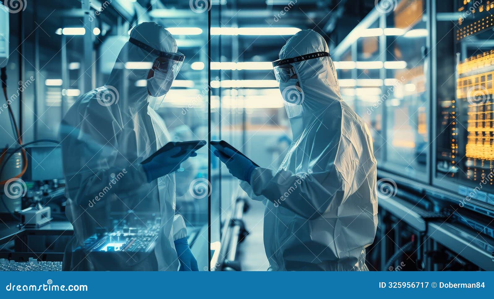 Two Engineers in Cleanroom Suits Working with Digital Tablets in ...