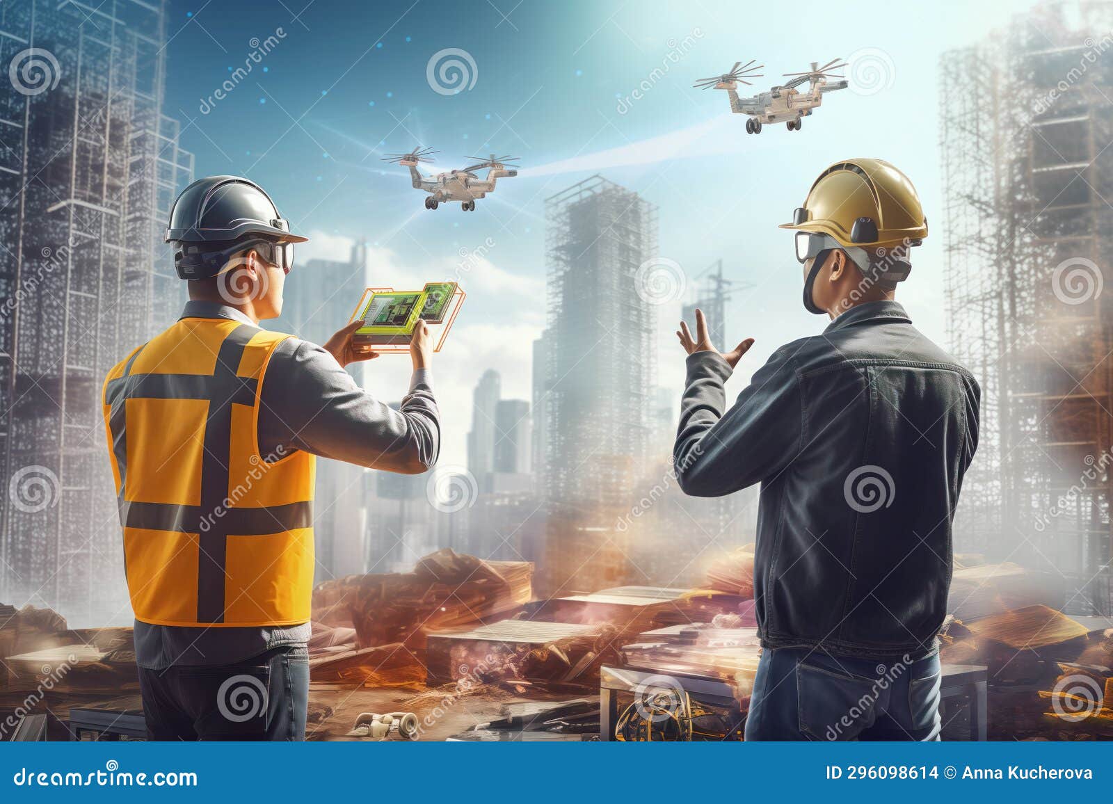 Two Engineers at a Construction Site Control Drones with a Digital ...