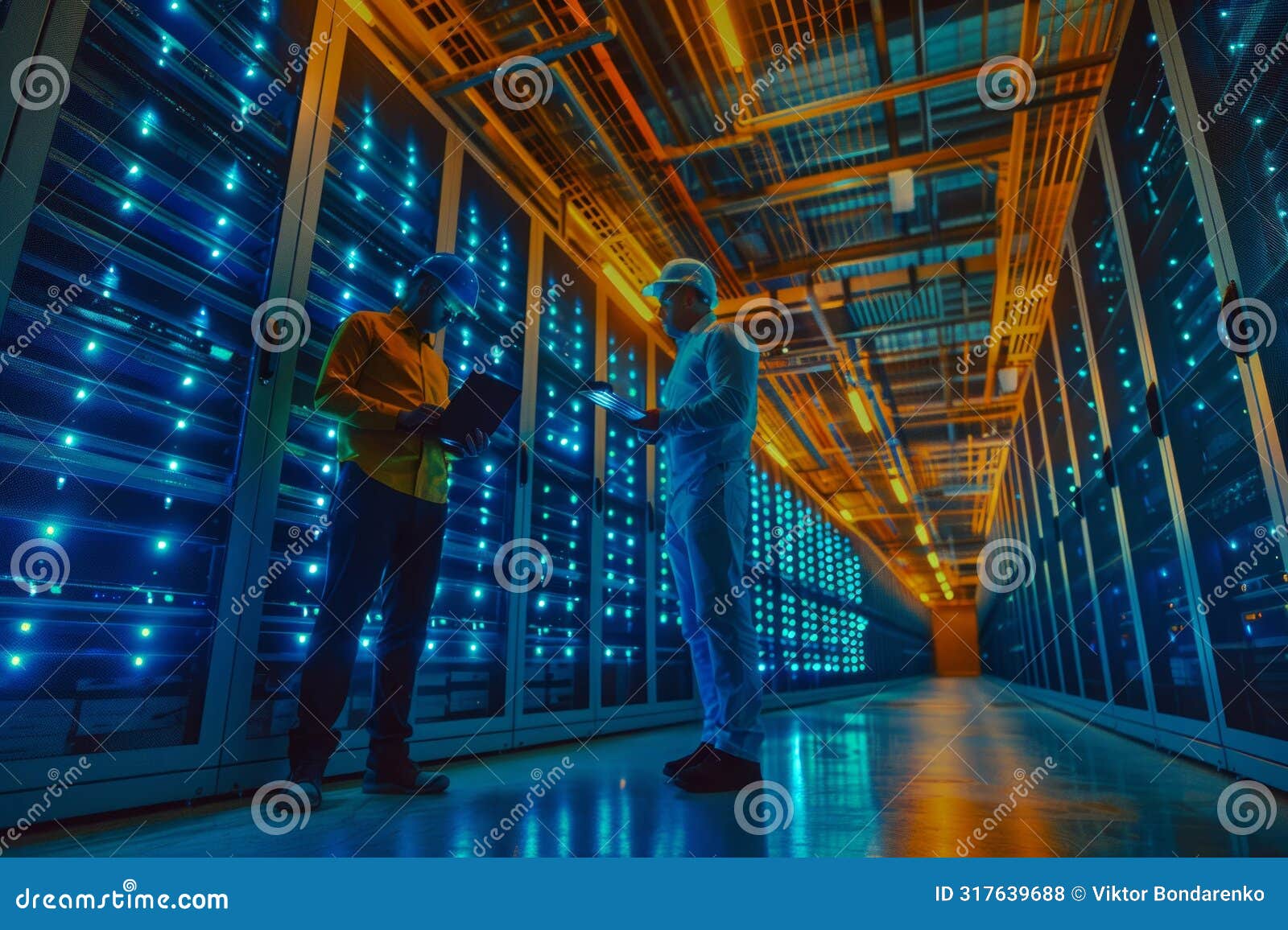 Two it Engineers in Data Center Works on Laptop Computer Stock Photo ...