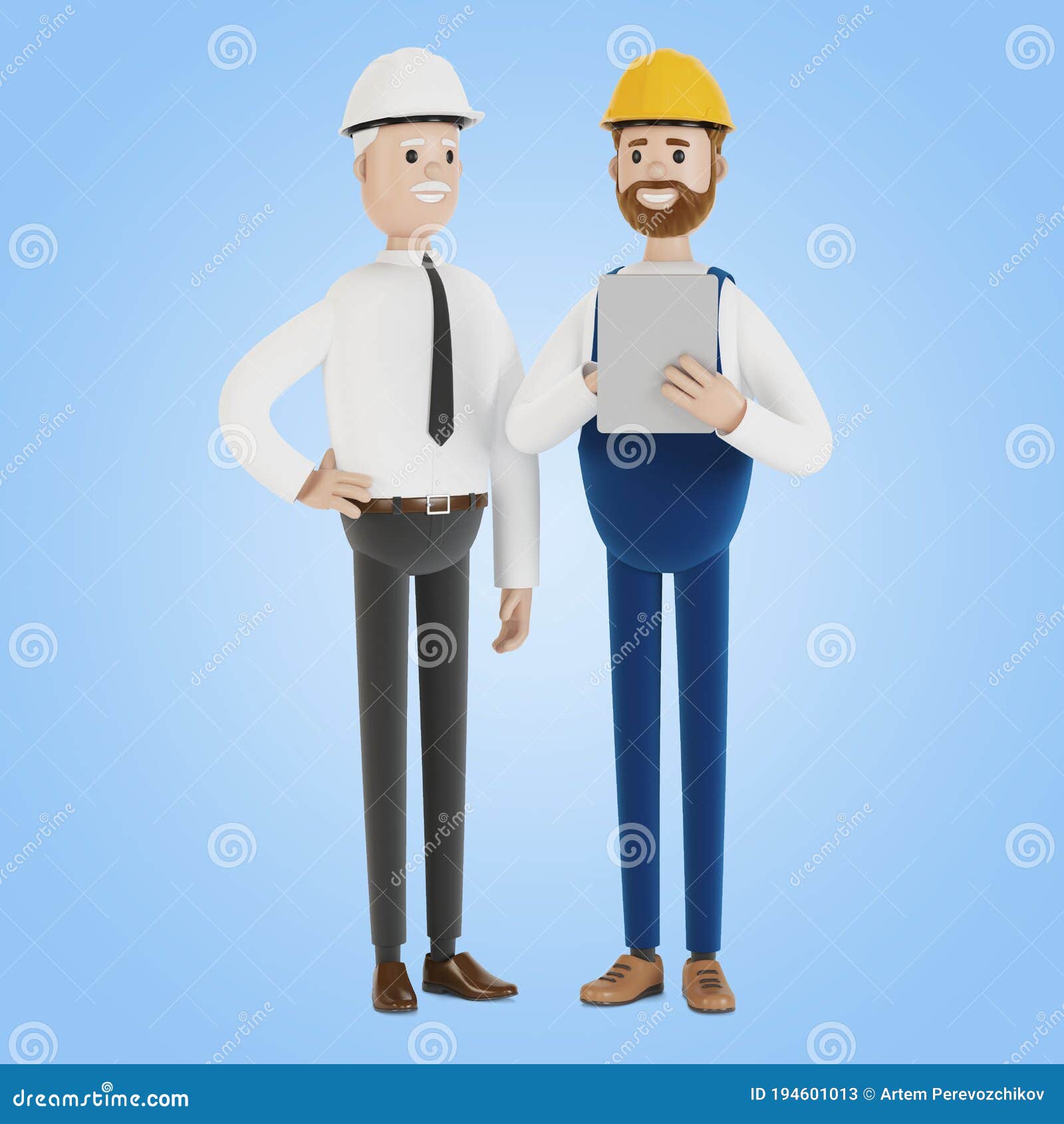 Two Engineers in Hard Hats Discuss a Project Using a Tablet. Stock ...
