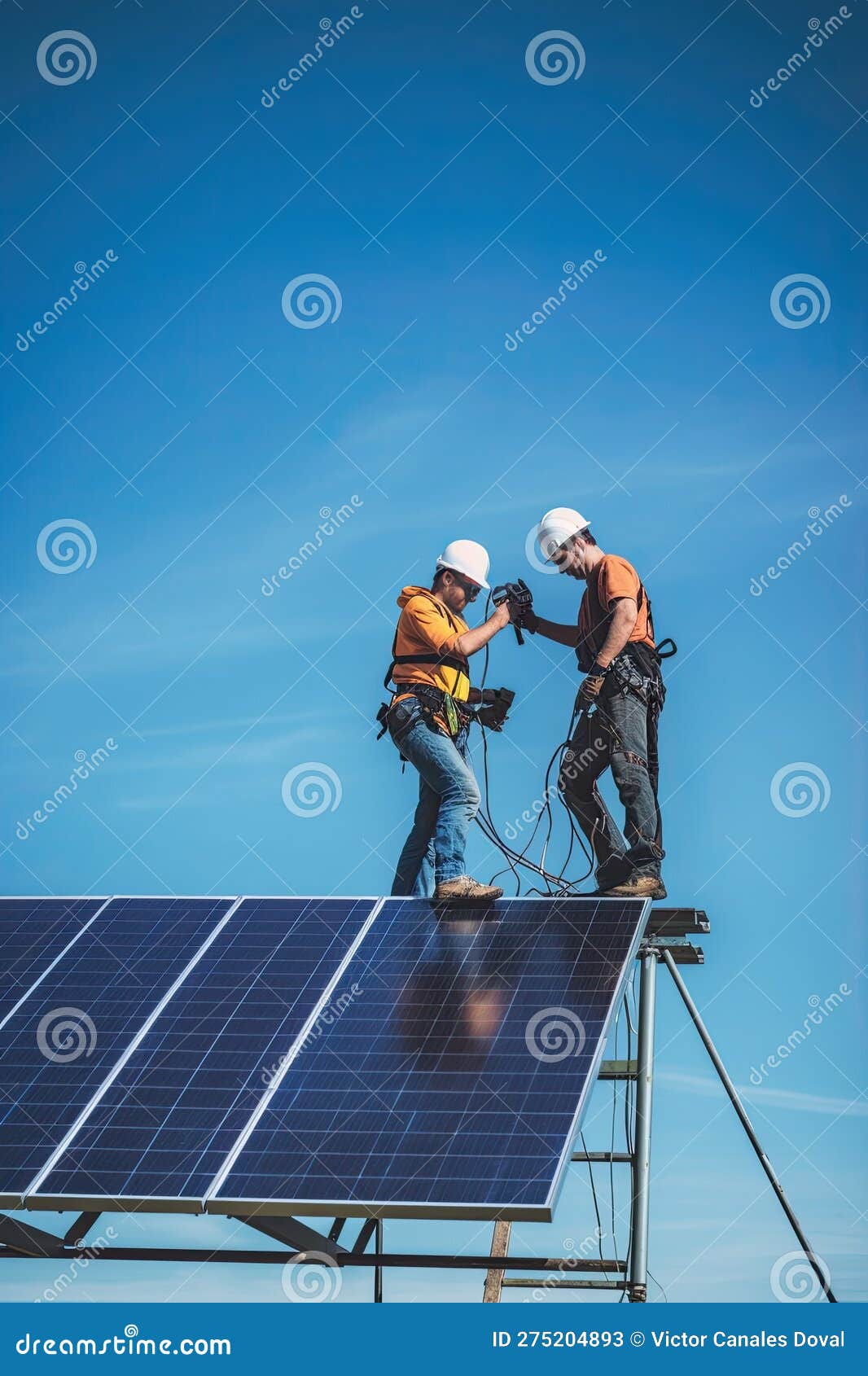 Two Engineers Installing a Solar Cell on a Roof Stock Illustration ...