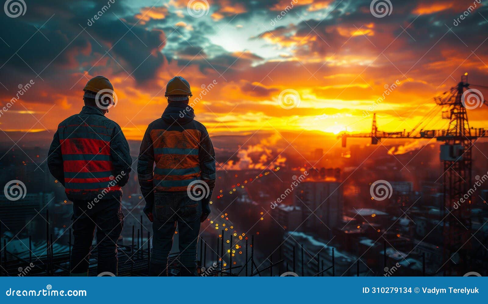 Two Engineers Standing on the Construction Site and Looking at the Construction Crane and Sunset ...