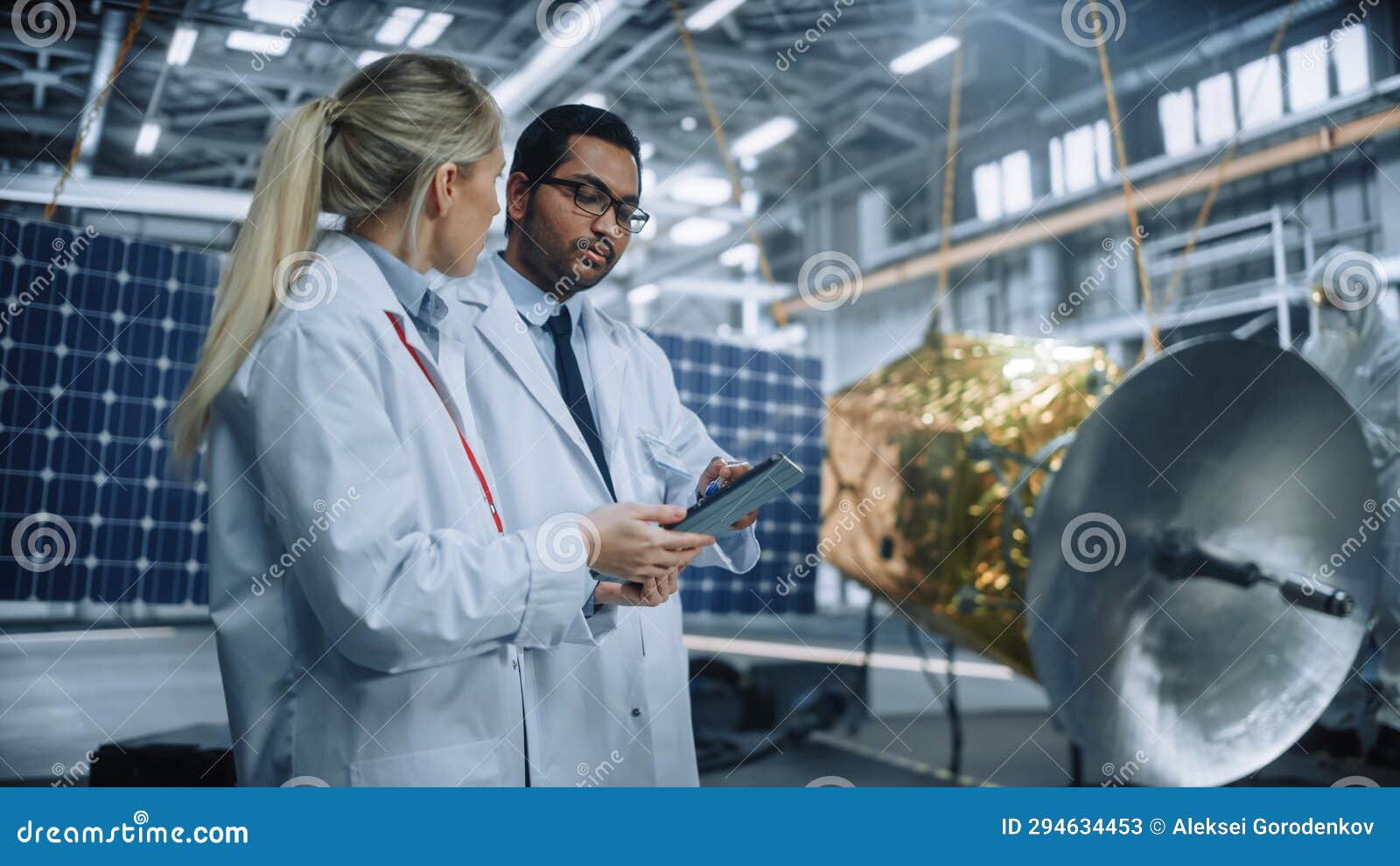 Two Engineers Talk, Use Tablet Computer while Working on Satellite ...