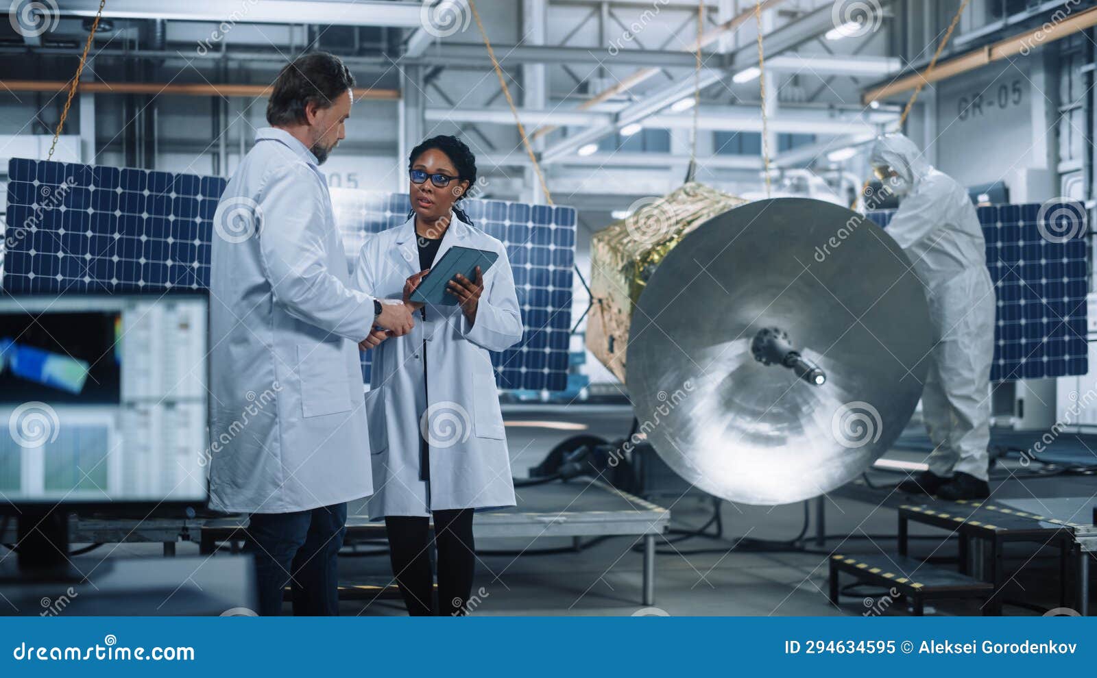 Two Engineers Talk, Use Tablet Computer while Working on Satellite ...