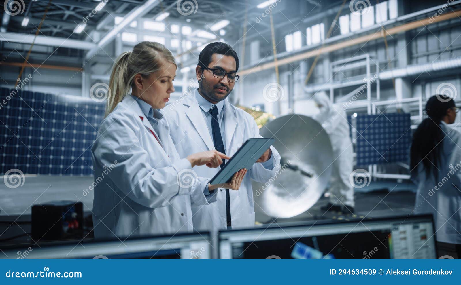 Two Engineers Talk, Use Tablet Computer while Working on Satellite ...