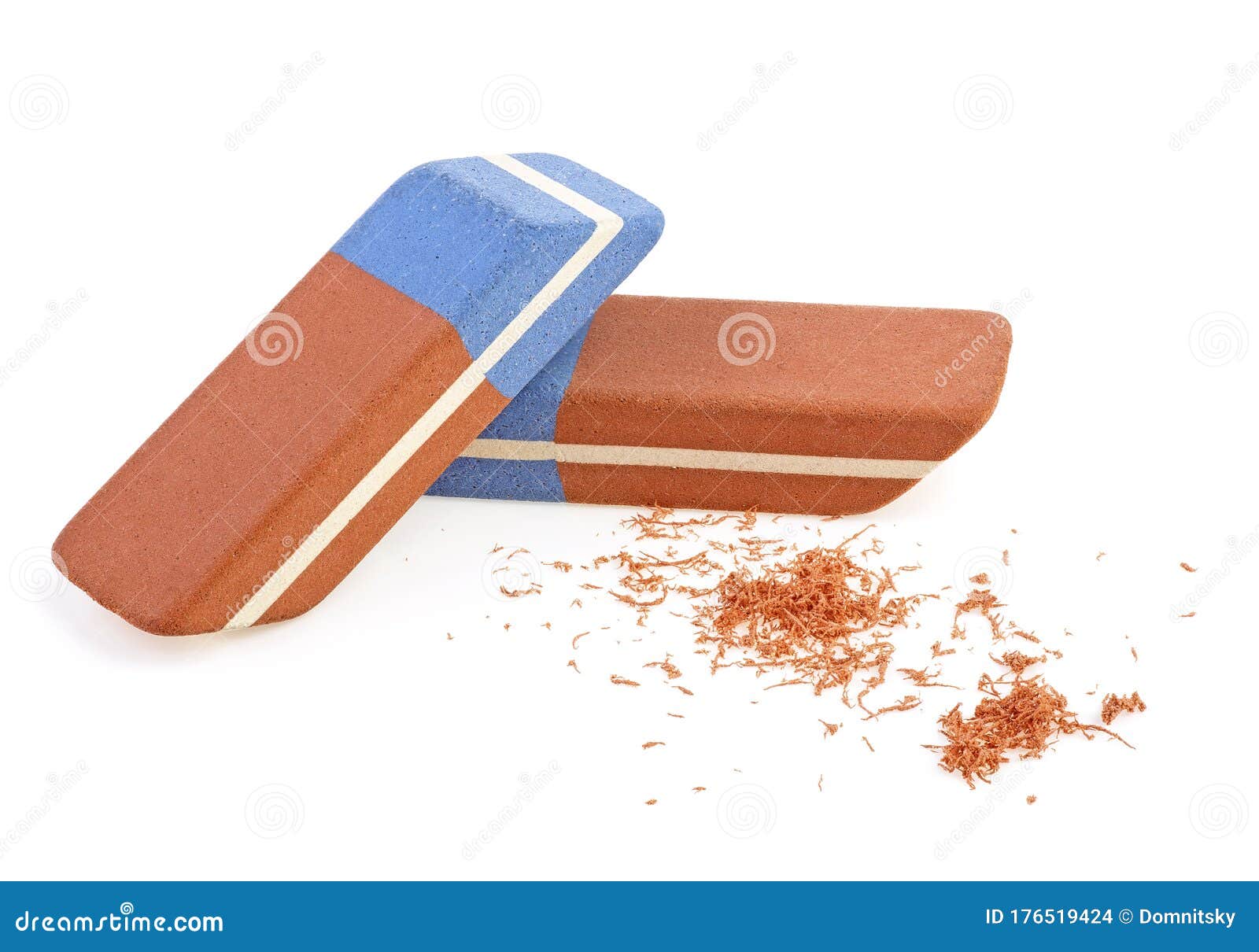 Two Erasers and Eraser Scrap on White Background Stock Photo - Image of ...