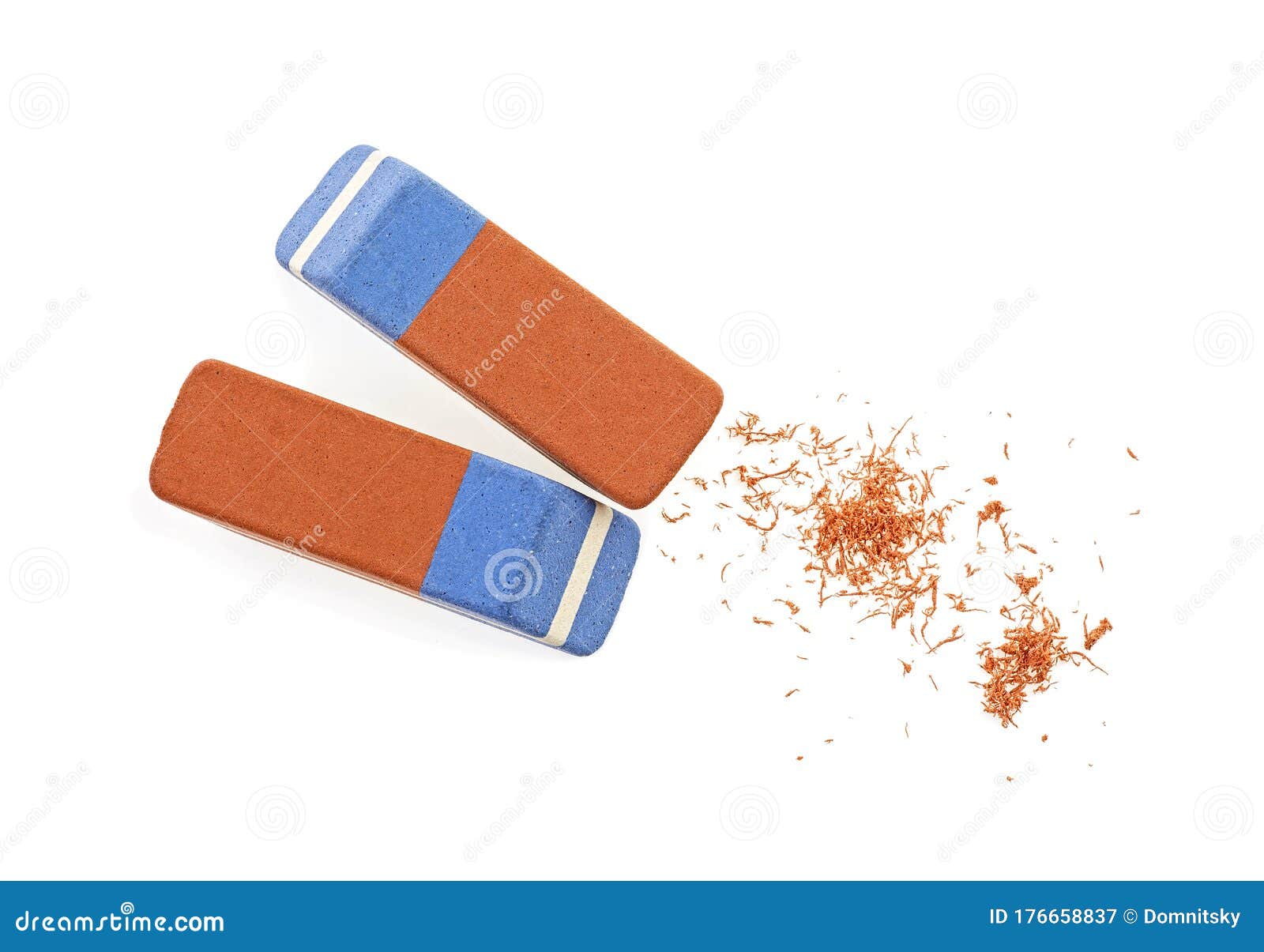Two Erasers and Eraser Scrap on White Background. Top View Stock Image ...