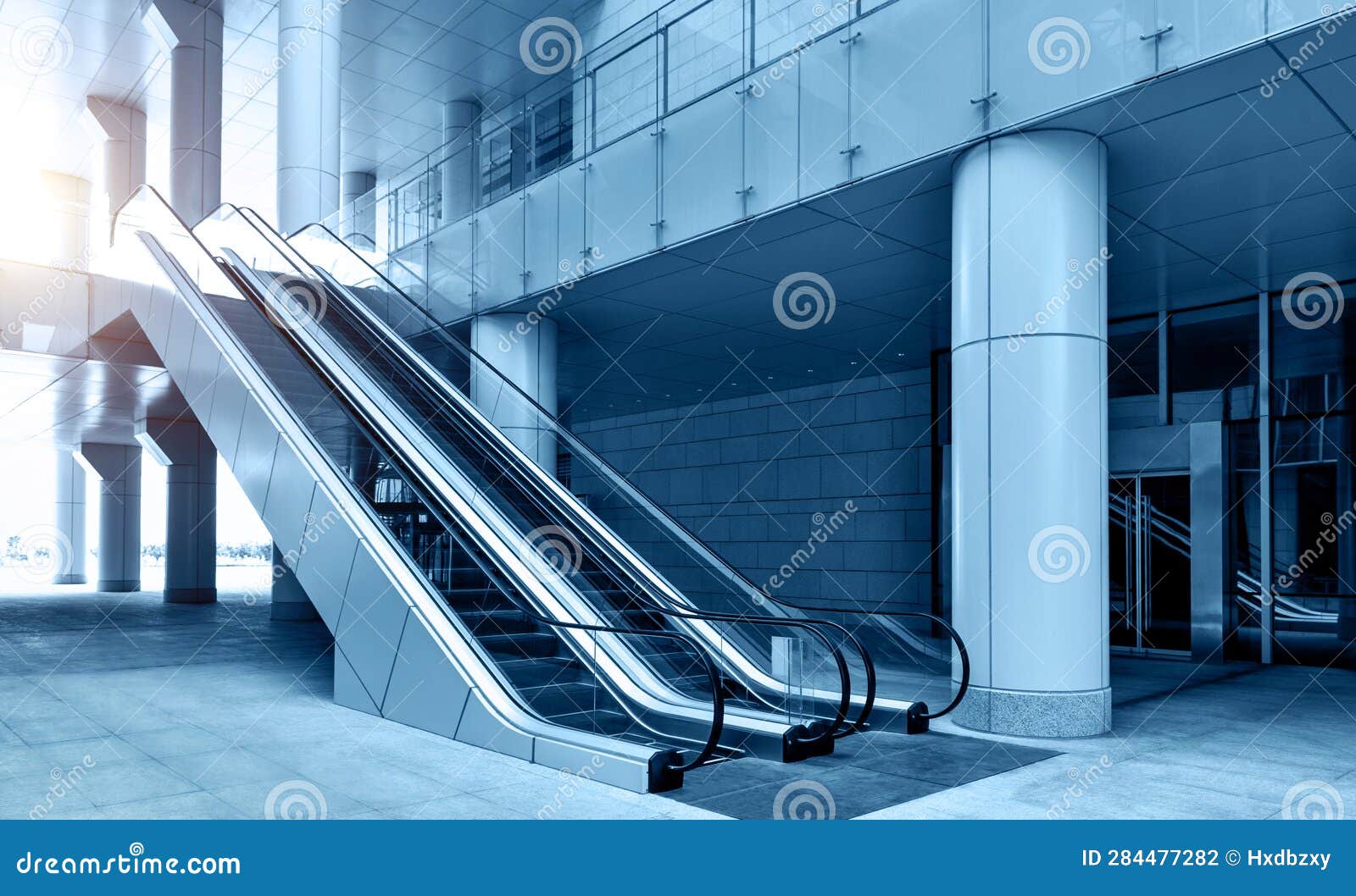 Two Escalators in Modern Building Stock Photo - Image of centre, center ...