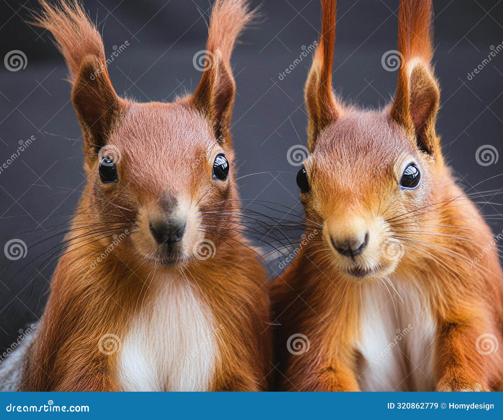 Two Eurasian Red Squirrels Side by Side, Gazing at the Camera with ...