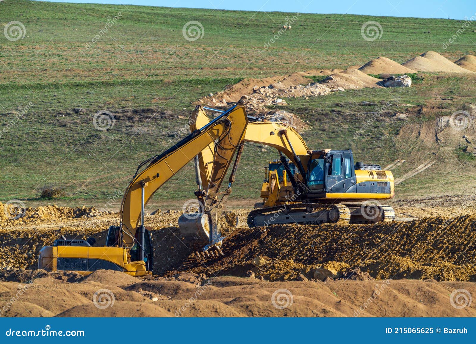 Two Excavator during Earthmoving at Open Pit on Mountain Slope Stock ...