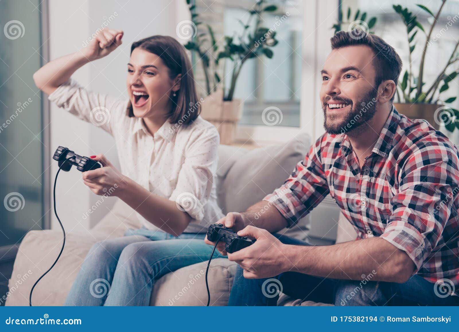 Two Excited Happy Lovers Playing Video Game Stock Photo - Image of ...