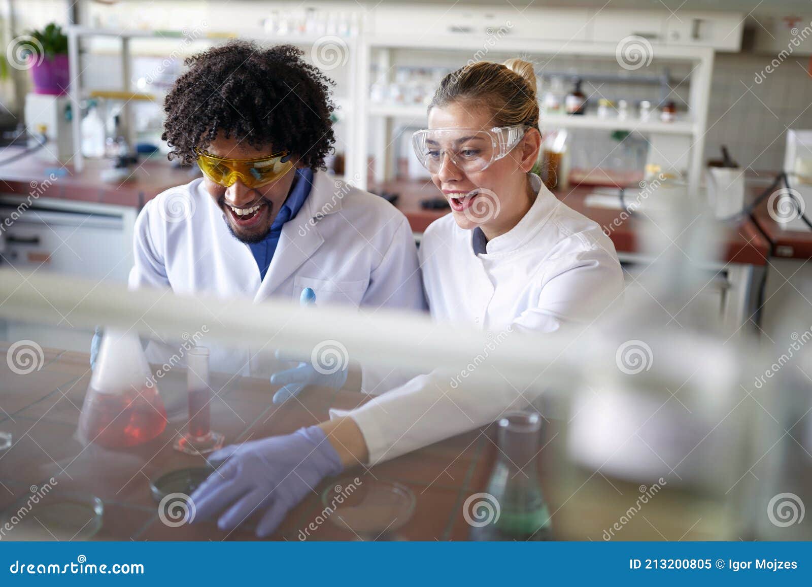 Two Excited Medical Students Conducting Chemical Experiment Stock Image ...