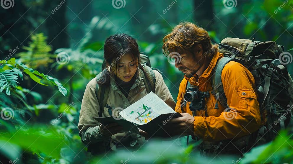 Two Explorers in the Jungle, Intensely Studying a Map for Navigation in ...