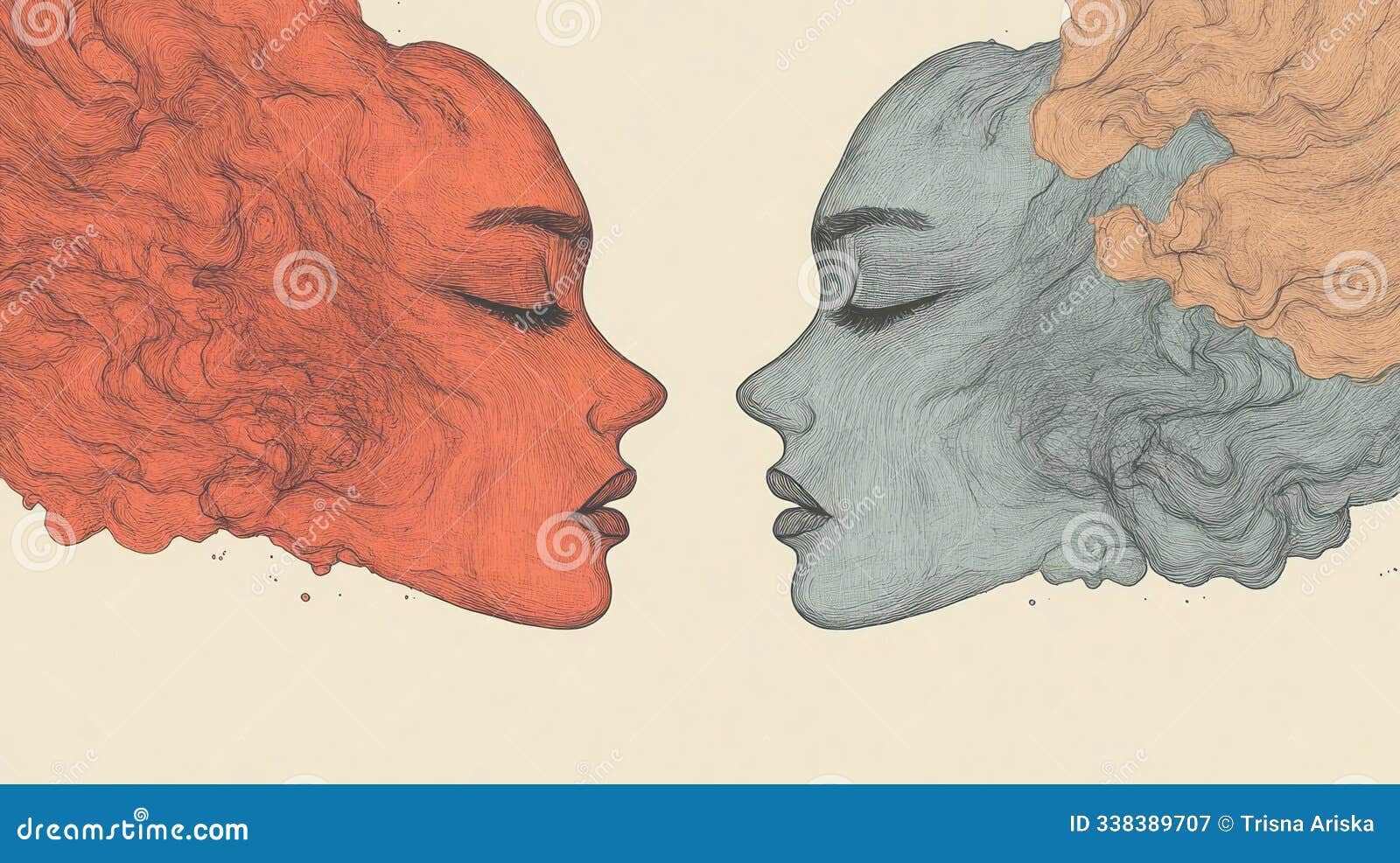Two Faces in Profile with Colorful Cloud-like Hair, Symbolizing Duality ...