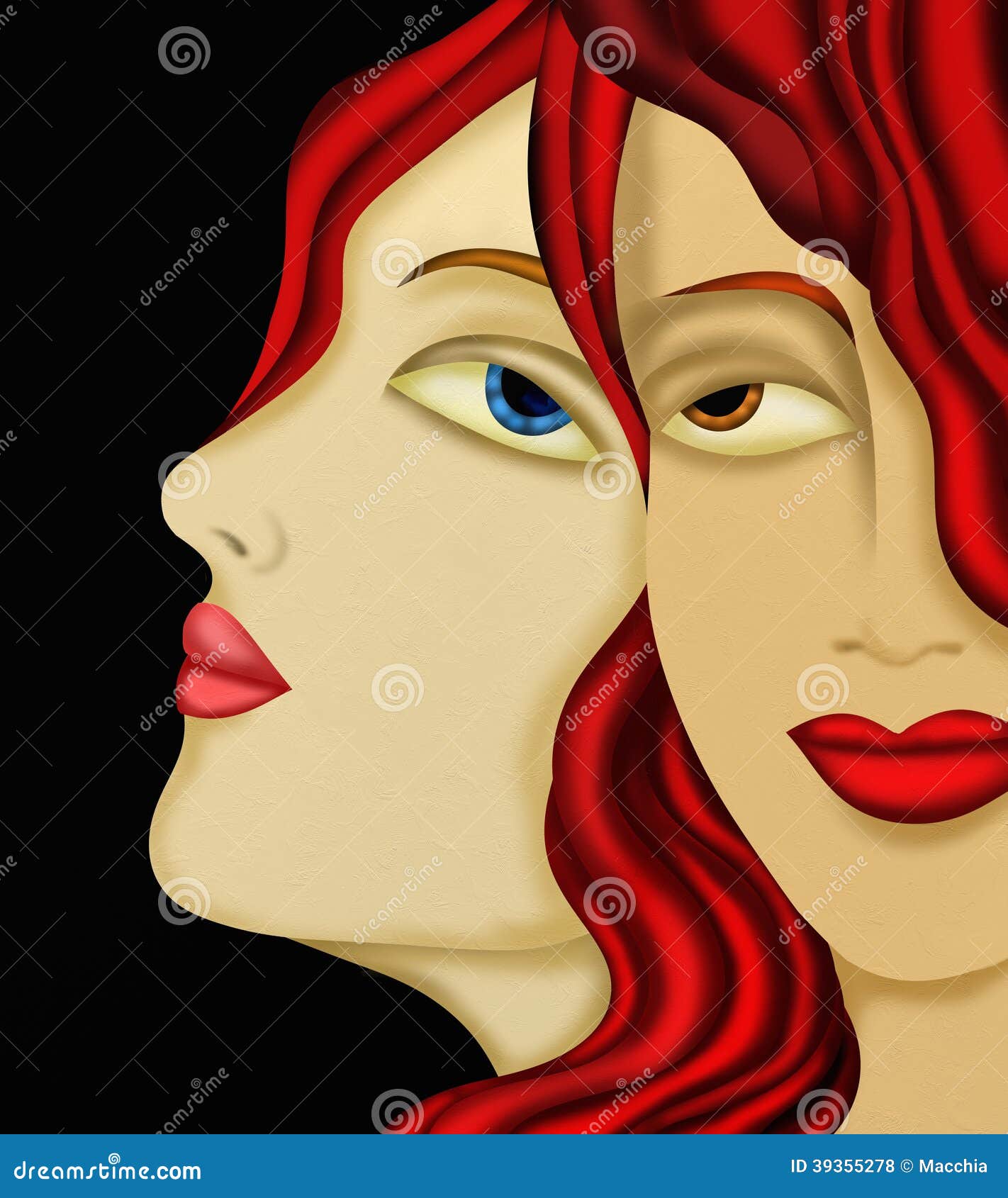 Two Faces of Woman with Red Hair Stock Illustration - Illustration of ...