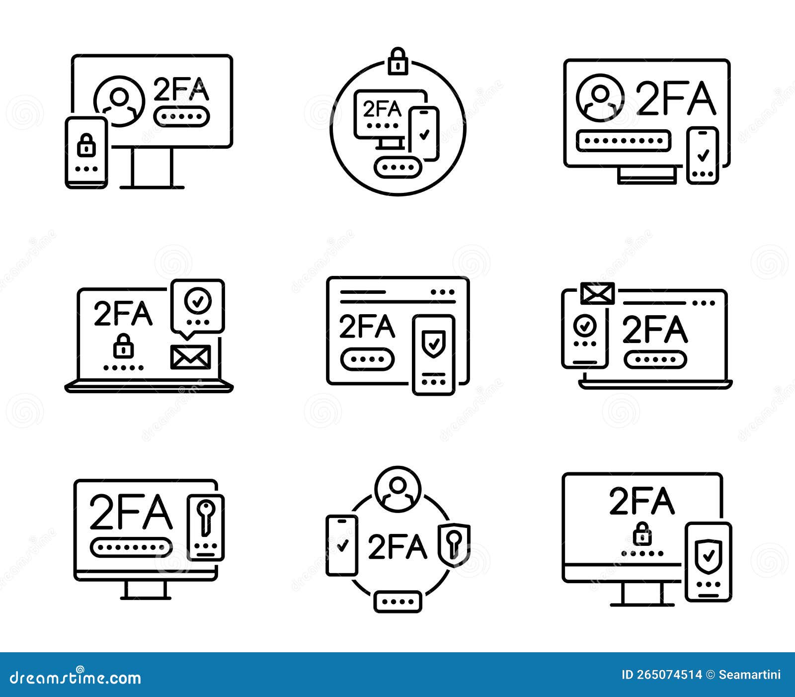 Two Factor Verification 2fa Outline Icons Stock Illustration