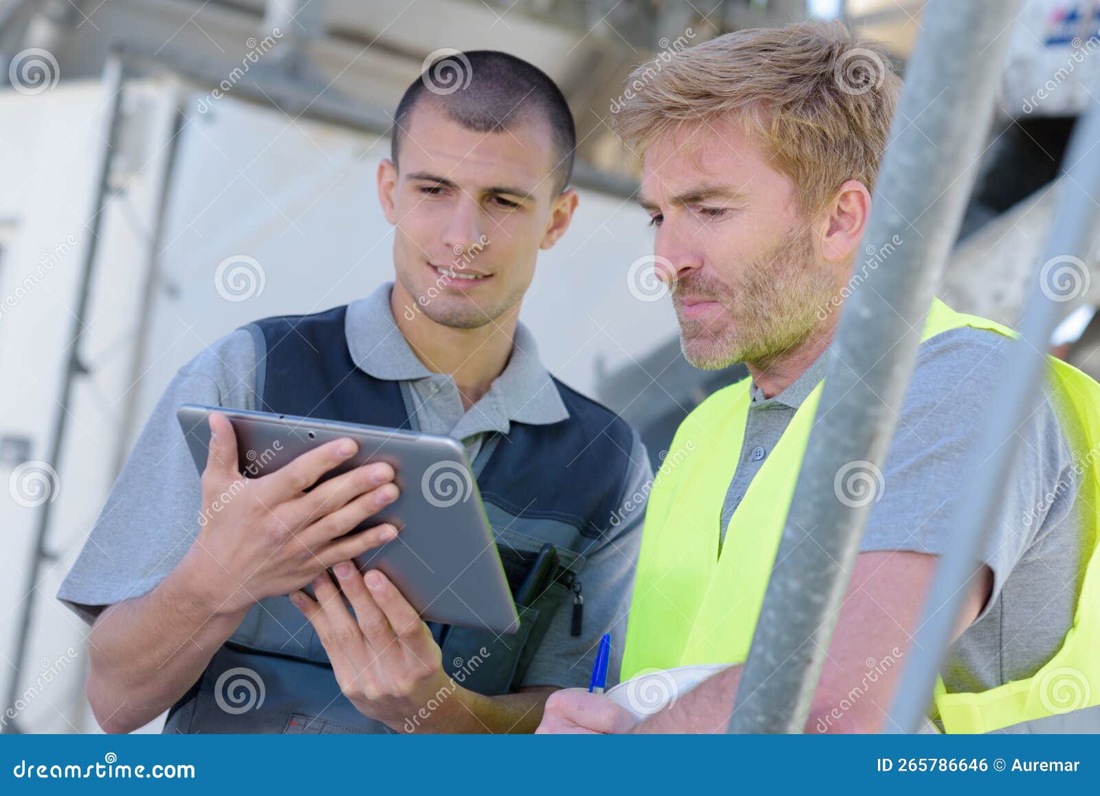 Two Factory Workers Discussion with Tablet Pc Stock Photo - Image of ...