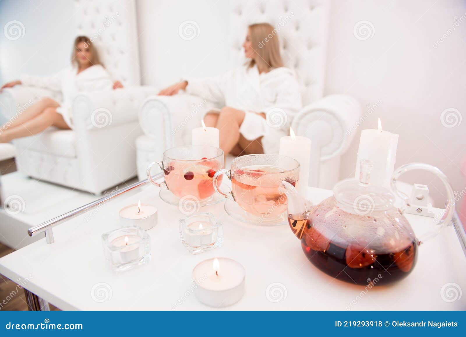 Two Famale Friends in Spa Have Fun, Talk Drinking Fruit Tea. Stock ...