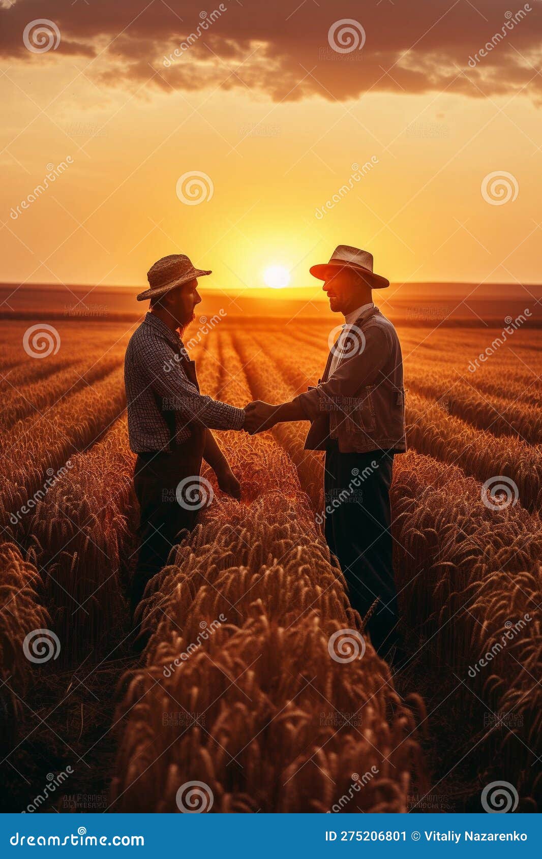 Two Farmers Shaking Hands, Standing in a Field of Wheat at Sunset. AI ...
