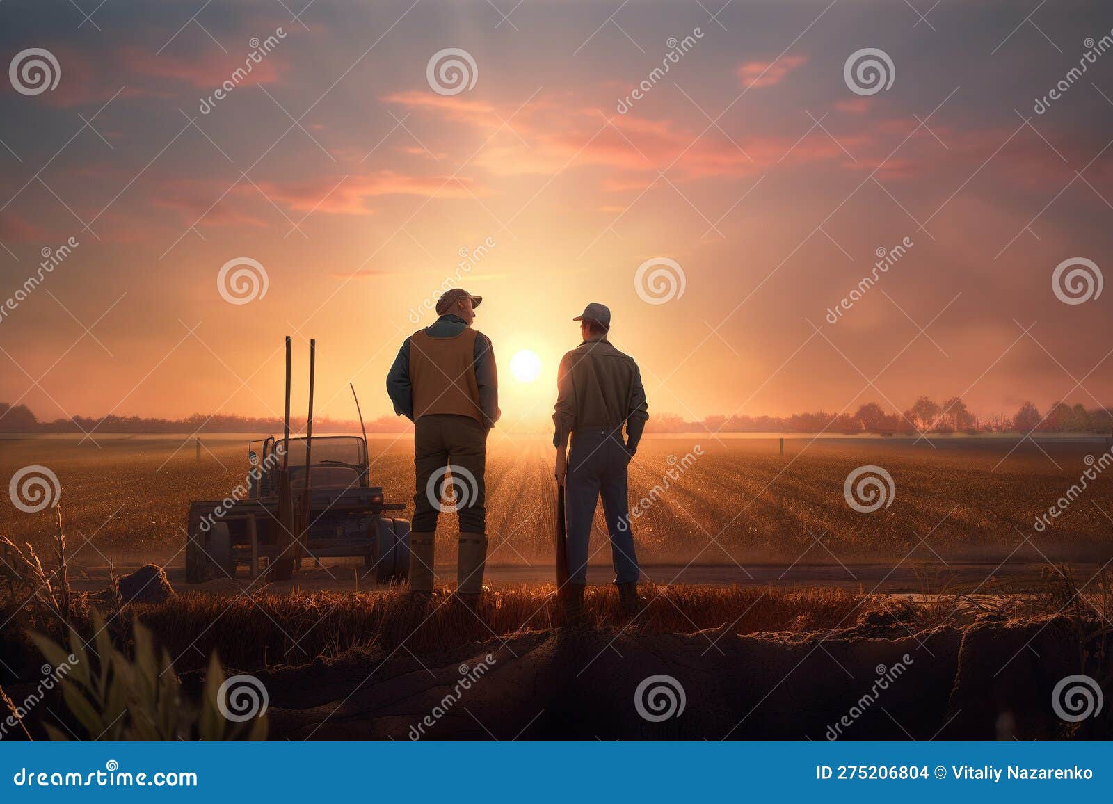 Two Farmers Working in the Field at Sunset. AI Generated Stock Photo ...
