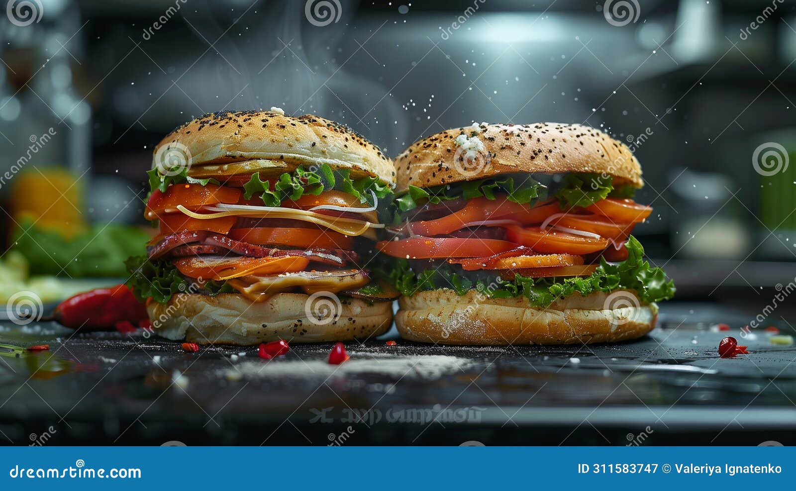 Two Fast Food Hamburgers on a Table, Smoking with Aroma Stock ...