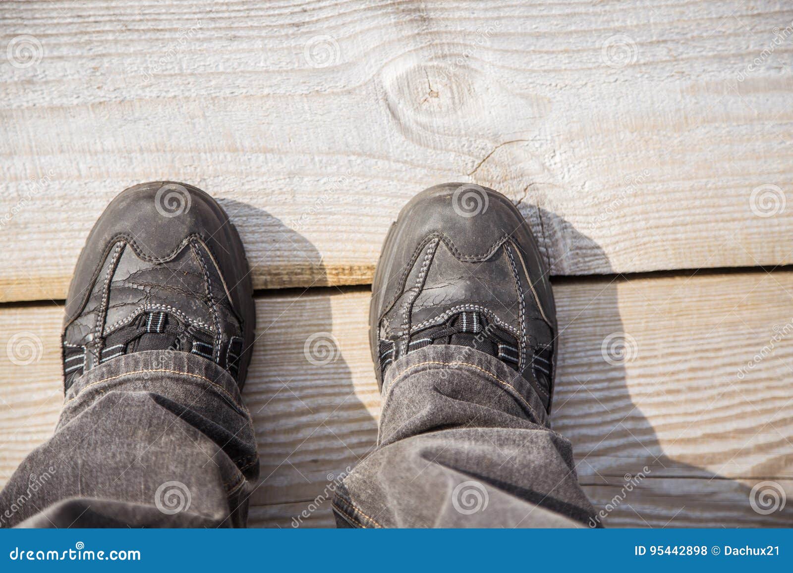 Two Feet on a Wooden Footpath during the Hiking Stock Photo - Image of ...