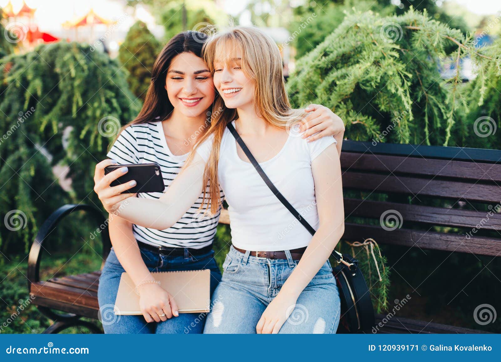 Friends Making Selfie Two Beautiful Young Women Making Selfie Stock