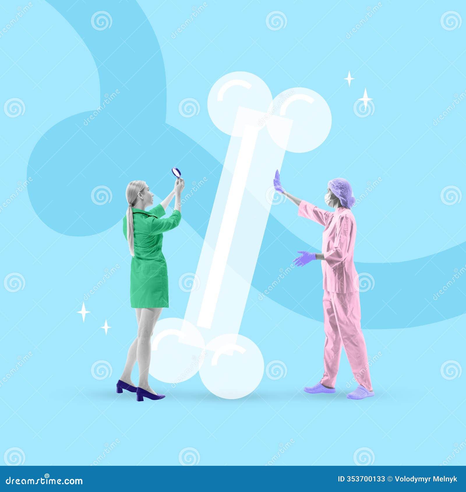 Two Female Doctors Analyzing Oversized Glowing Bone Illustration ...