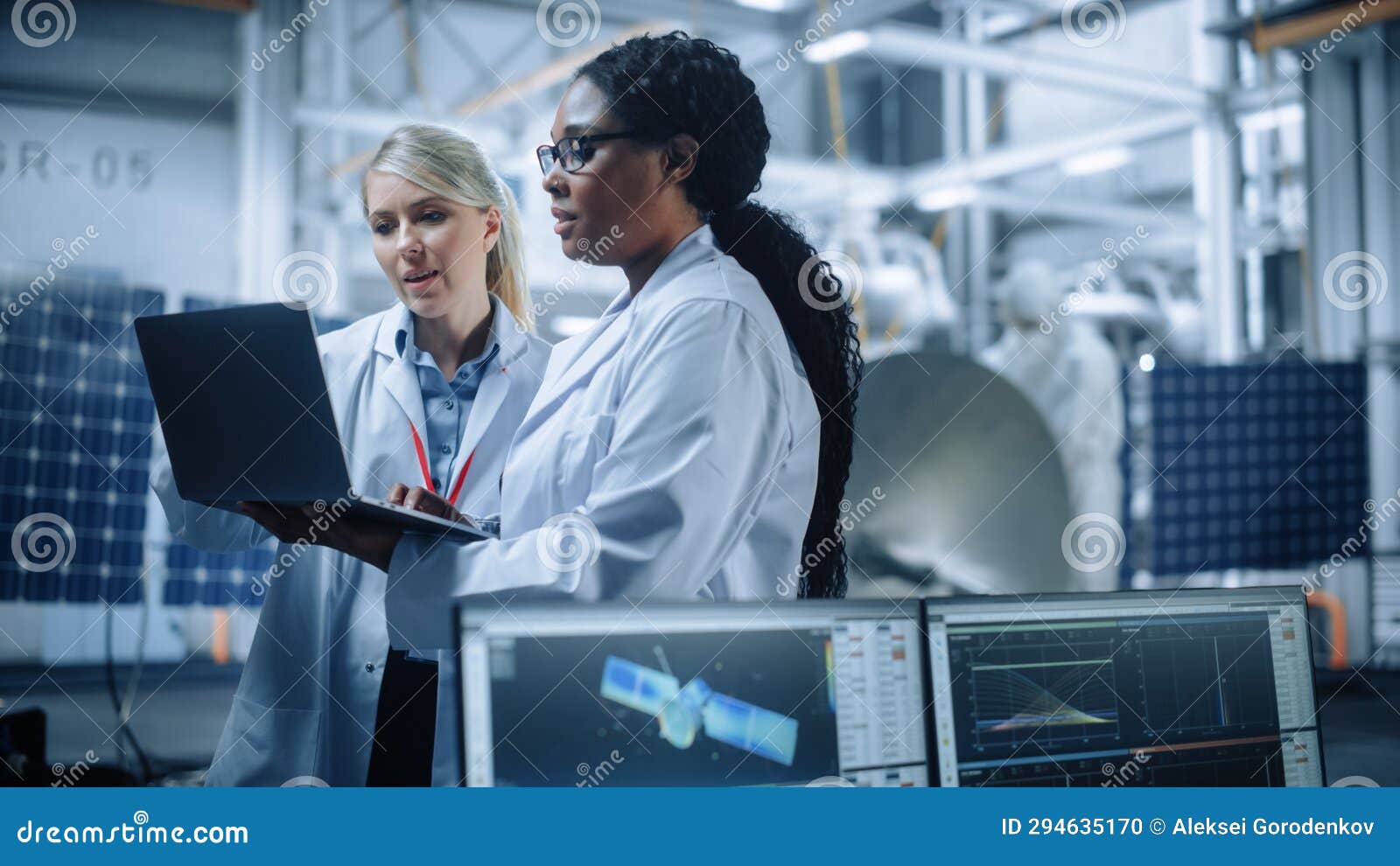 Two Female Engineers Talk, Use Computer Working at Aerospace Satellite ...