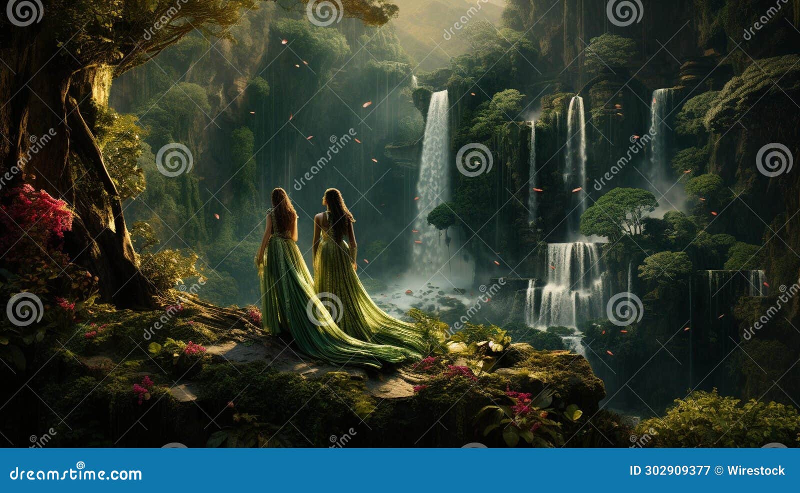Two Female Friends Enjoying the View of a Beautiful Waterfall, AI ...