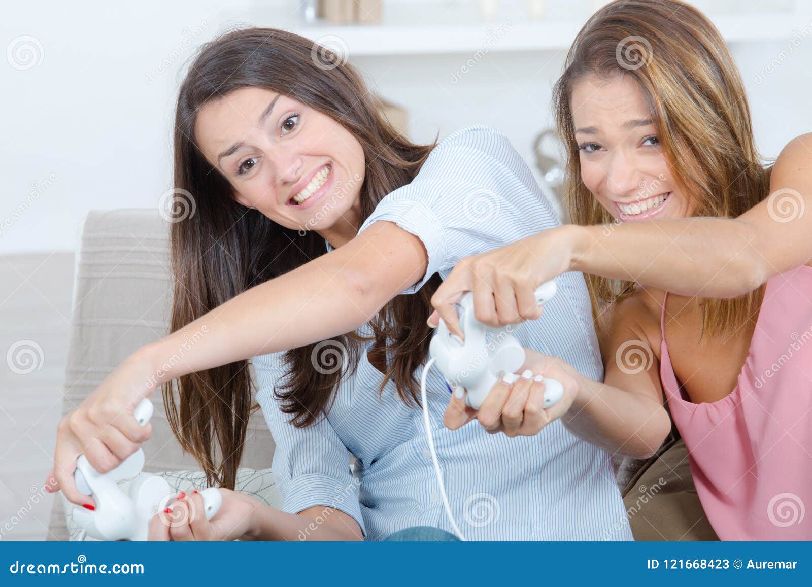 Two Female Friends Playing Video Games Stock Image - Image of play ...