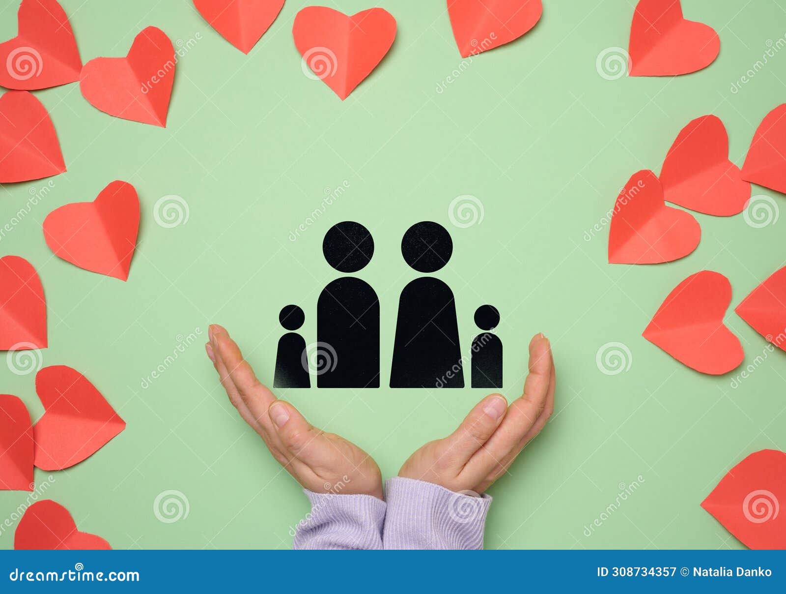 Two Female Hands and a Drawn Family, Protection Concept Stock Image ...