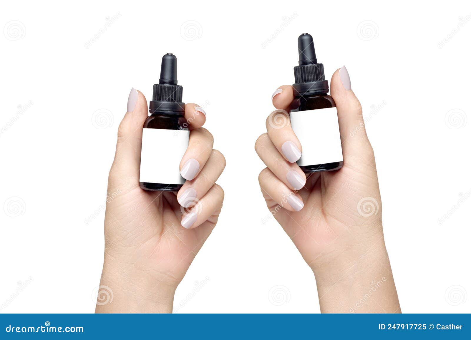 Two Female Hands Holding Up Mock-up Dropper Bottles with Empty Label ...