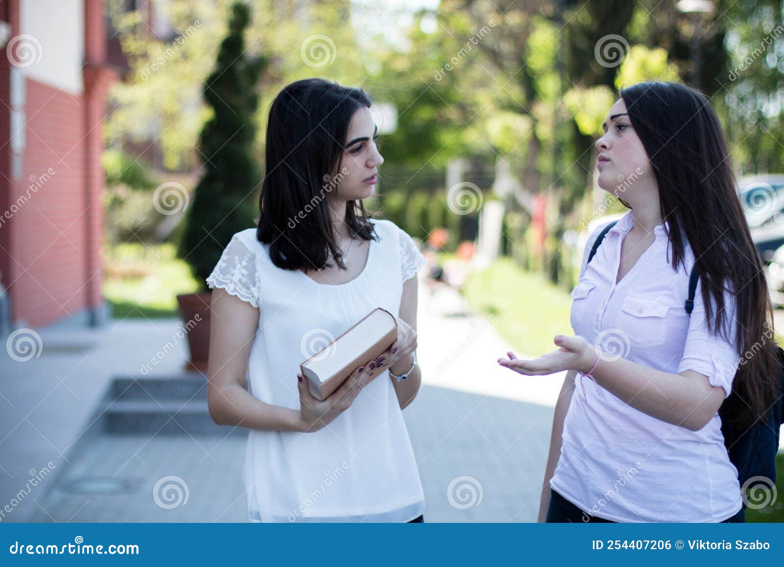 Two Female Students Having a Disagreement while Walking on the Campus ...