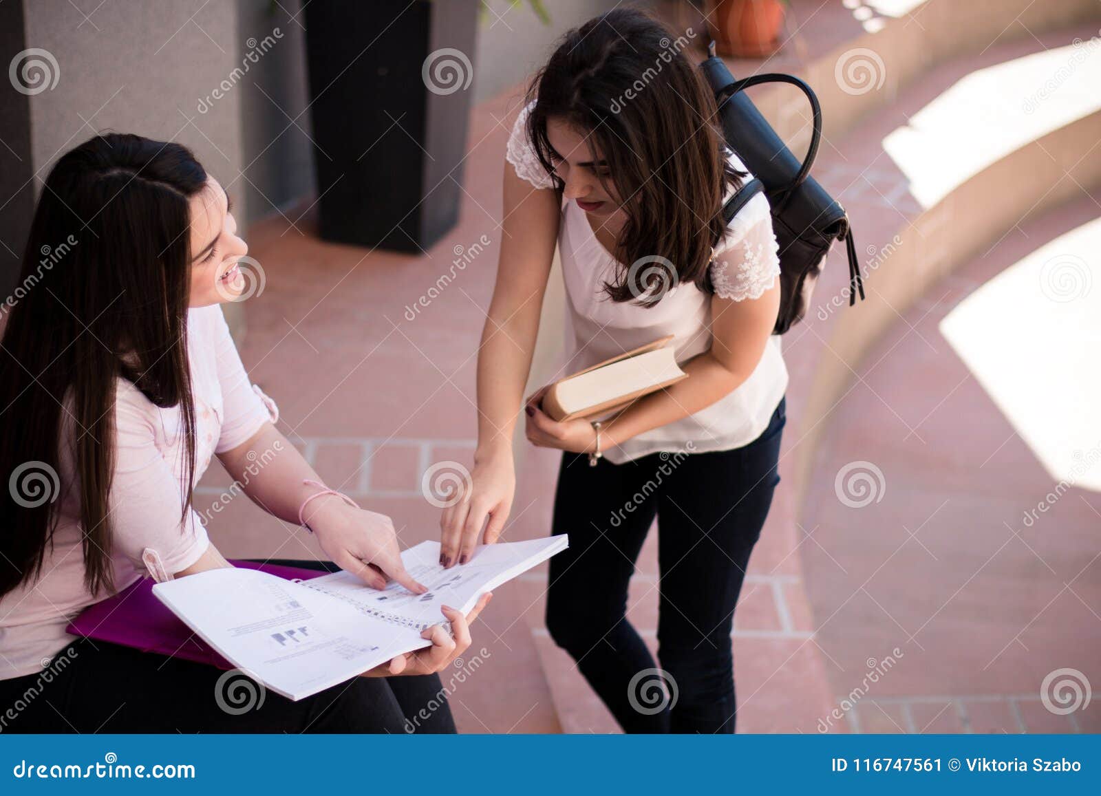 Two Female Students Preparing for Exams Together Outdoors Stock Image ...